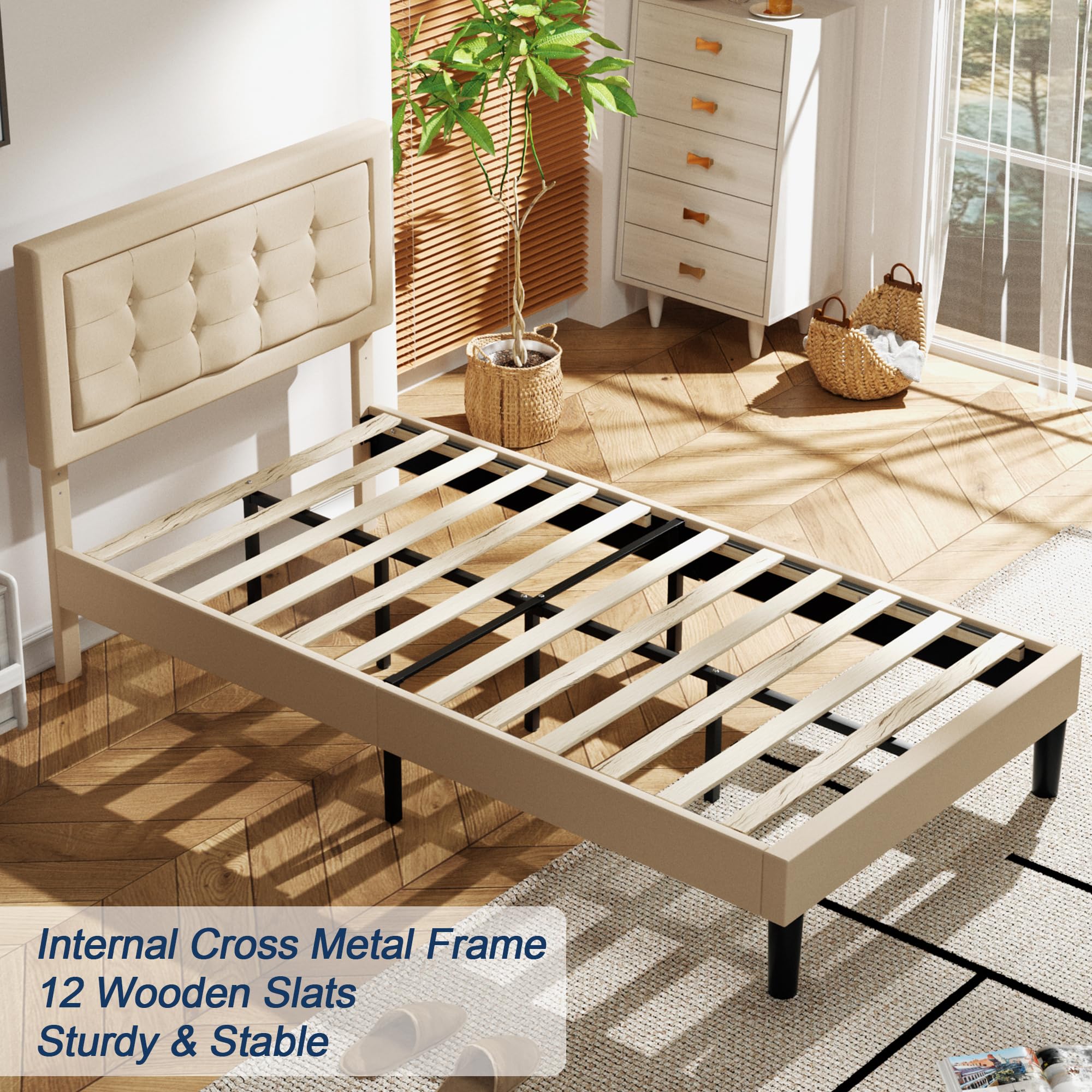 VECELO Twin Size Upholstered Bed Frame with Height Adjustable Fabric Headboard, Heavy-Duty Platform Bedframe/Mattress Foundation/Strong Wood Slat Support/No Box Spring Needed, BGE