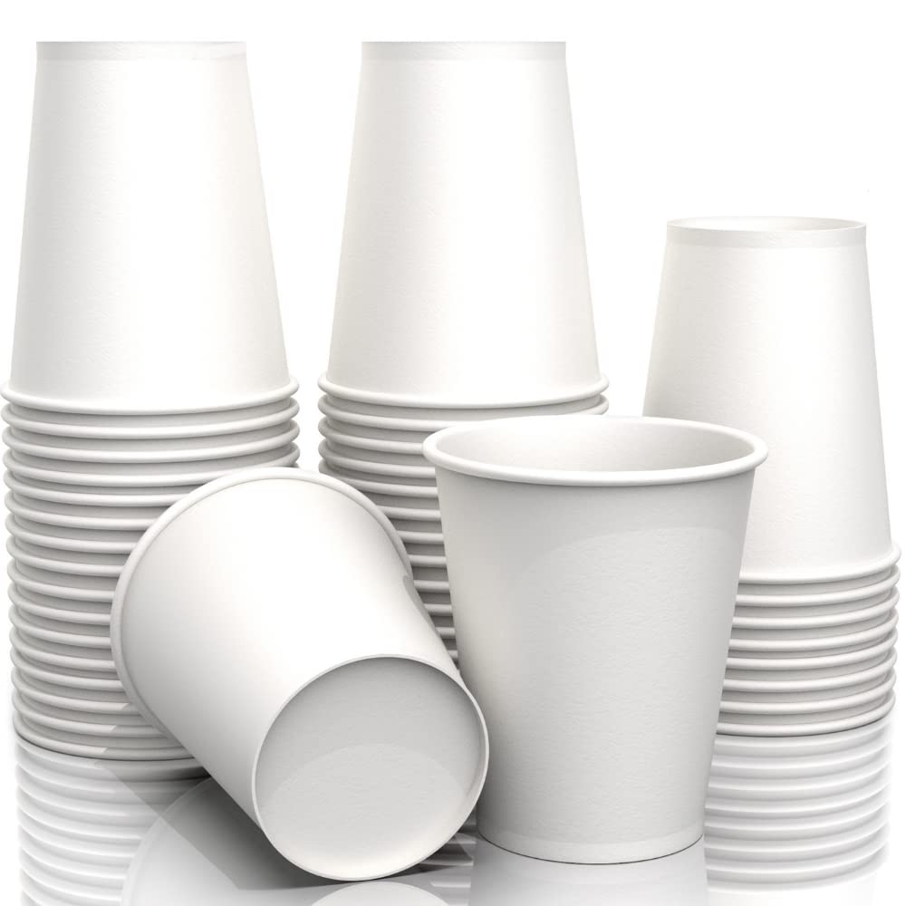 Lakesstory 50 Pack 9 oz White Disposable Paper Coffee Cups with Lid - Hot/Cold Beverages - Home Use - Microwave Safe - Compostable
