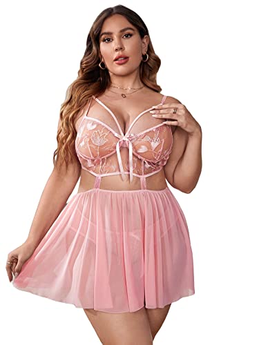 WDIRARA Women's Plus Floral Embroidery Cut Out See Through Babydoll Mesh Lingerie Slip with Panty Light Pink 3XL