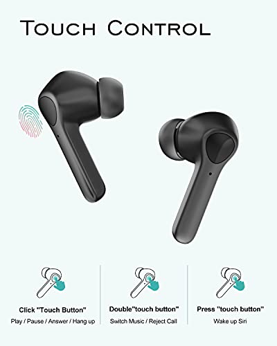 Wireless Earbuds, GRV T5 Bluetooth 5.0 Earbuds with Microphone 34H Playtime Touch Control Clear Call IPX7 Waterproof, Earbud & in-Ear Headphones for Sports (Black)