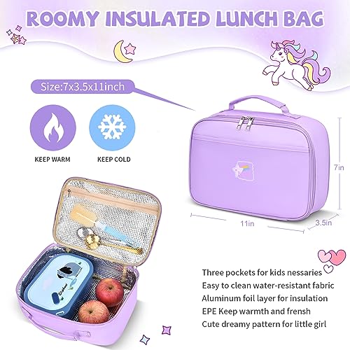 Backpacks for Girls School Kids Backpack Bookbags with Insulated Lunch Box Set for School Elementary Girl, Tie Dye School Bag with Compartments 16 * 11.5 * 7.5, Solid Purple