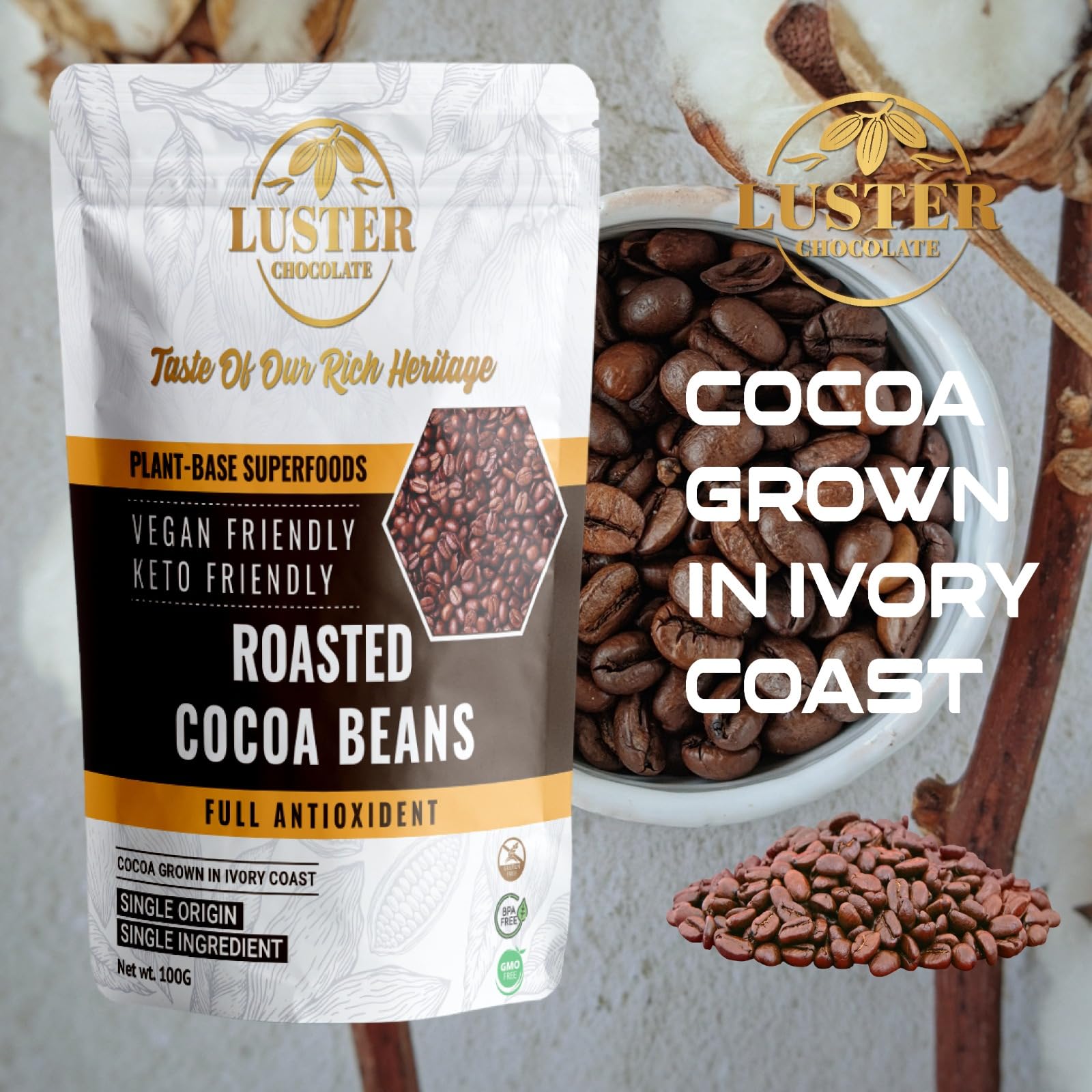 Luster Chocolate Roasted Cocoa Beans 100 g Chocolatey Flavor from Organic Cacao Beans - Non GMO & Gluten Free