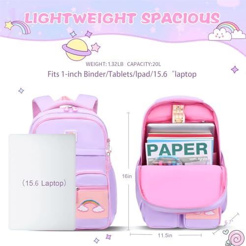Backpacks for Girls School Kids Backpack Bookbags with Insulated Lunch Box Set for School Elementary Girl, Tie Dye School Bag with Compartments 16 * 11.5 * 7.5, Solid Purple