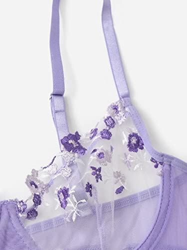 WDIRARA Women's Floral Embroidery Underwire 2 Piece Lingerie Set Mesh Bra and Panty Set Purple M