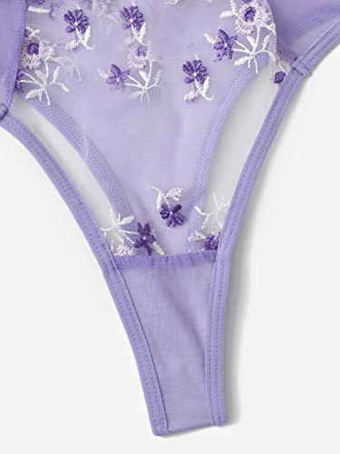 WDIRARA Women's Floral Embroidery Underwire 2 Piece Lingerie Set Mesh Bra and Panty Set Purple M