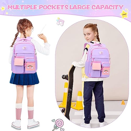 Backpacks for Girls School Kids Backpack Bookbags with Insulated Lunch Box Set for School Elementary Girl, Tie Dye School Bag with Compartments 16 * 11.5 * 7.5, Solid Purple