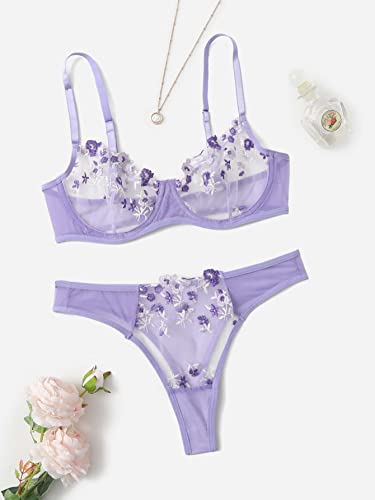 WDIRARA Women's Floral Embroidery Underwire 2 Piece Lingerie Set Mesh Bra and Panty Set Purple M