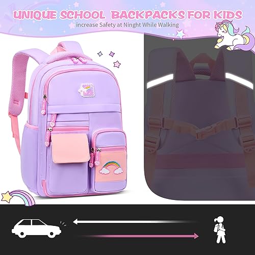 Backpacks for Girls School Kids Backpack Bookbags with Insulated Lunch Box Set for School Elementary Girl, Tie Dye School Bag with Compartments 16 * 11.5 * 7.5, Solid Purple