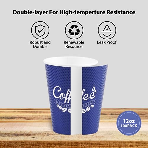 100 Pack 12 oz Disposable Coffee Cups, Insulated Ripple Double-Walled Paper Coffee Cups with Lids, Cold/Hot Drinking Cups for Coffee, Hot Chocolate or Tea, Paper Cups for Party Wedding