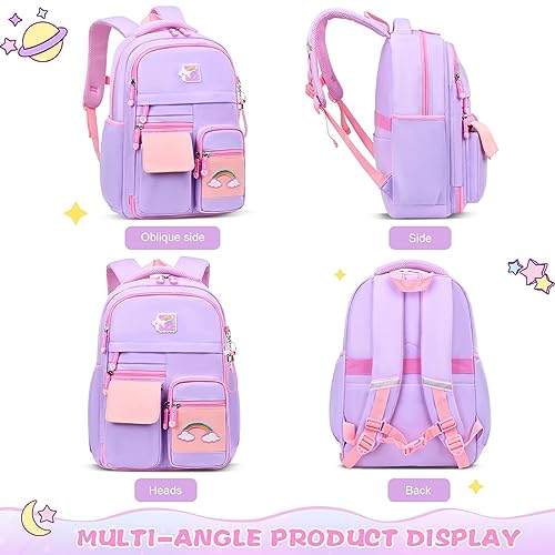 Backpacks for Girls School Kids Backpack Bookbags with Insulated Lunch Box Set for School Elementary Girl, Tie Dye School Bag with Compartments 16 * 11.5 * 7.5, Solid Purple