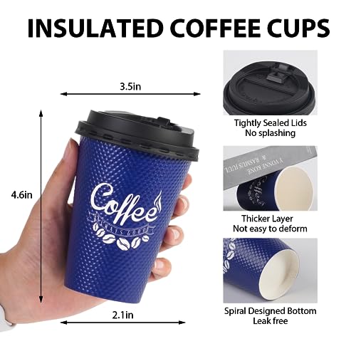 100 Pack 12 oz Disposable Coffee Cups, Insulated Ripple Double-Walled Paper Coffee Cups with Lids, Cold/Hot Drinking Cups for Coffee, Hot Chocolate or Tea, Paper Cups for Party Wedding