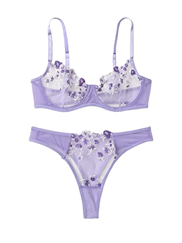 WDIRARA Women's Floral Embroidery Underwire 2 Piece Lingerie Set Mesh Bra and Panty Set Purple M