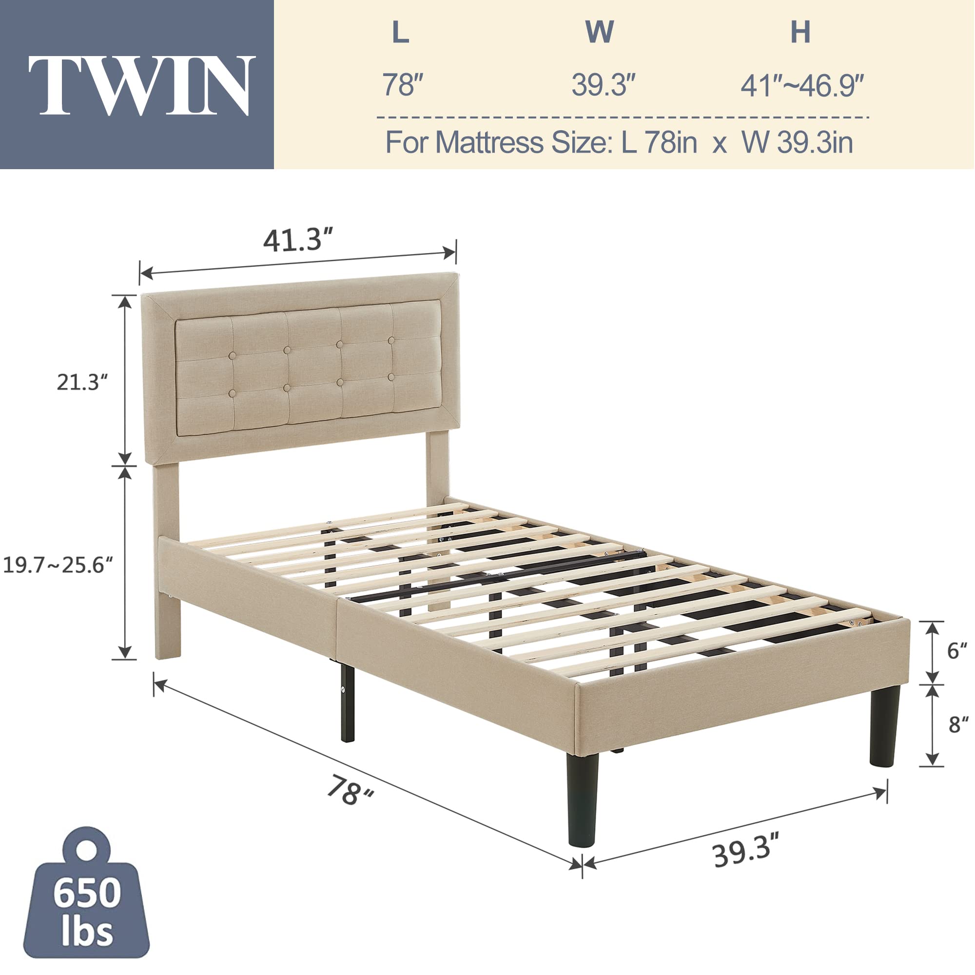 VECELO Twin Size Upholstered Bed Frame with Height Adjustable Fabric Headboard, Heavy-Duty Platform Bedframe/Mattress Foundation/Strong Wood Slat Support/No Box Spring Needed, BGE