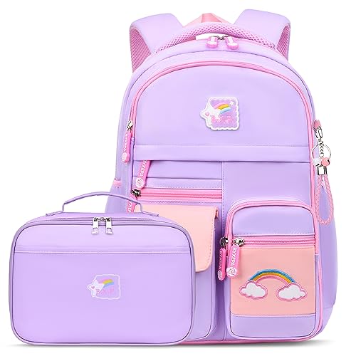 Backpacks for Girls School Kids Backpack Bookbags with Insulated Lunch Box Set for School Elementary Girl, Tie Dye School Bag with Compartments 16 * 11.5 * 7.5, Solid Purple