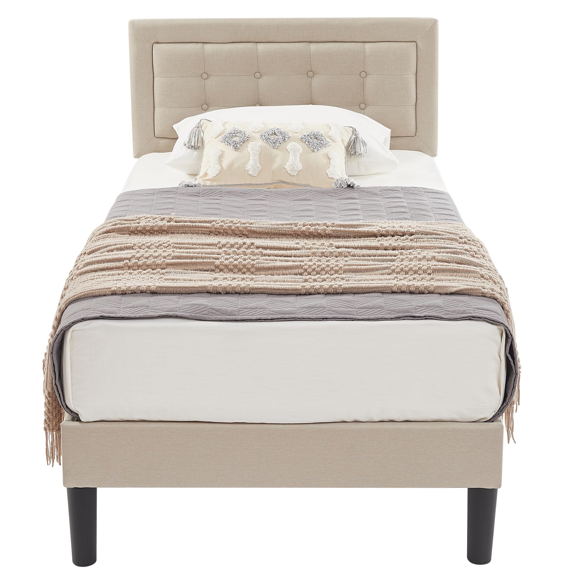 VECELO Twin Size Upholstered Bed Frame with Height Adjustable Fabric Headboard, Heavy-Duty Platform Bedframe/Mattress Foundation/Strong Wood Slat Support/No Box Spring Needed, BGE