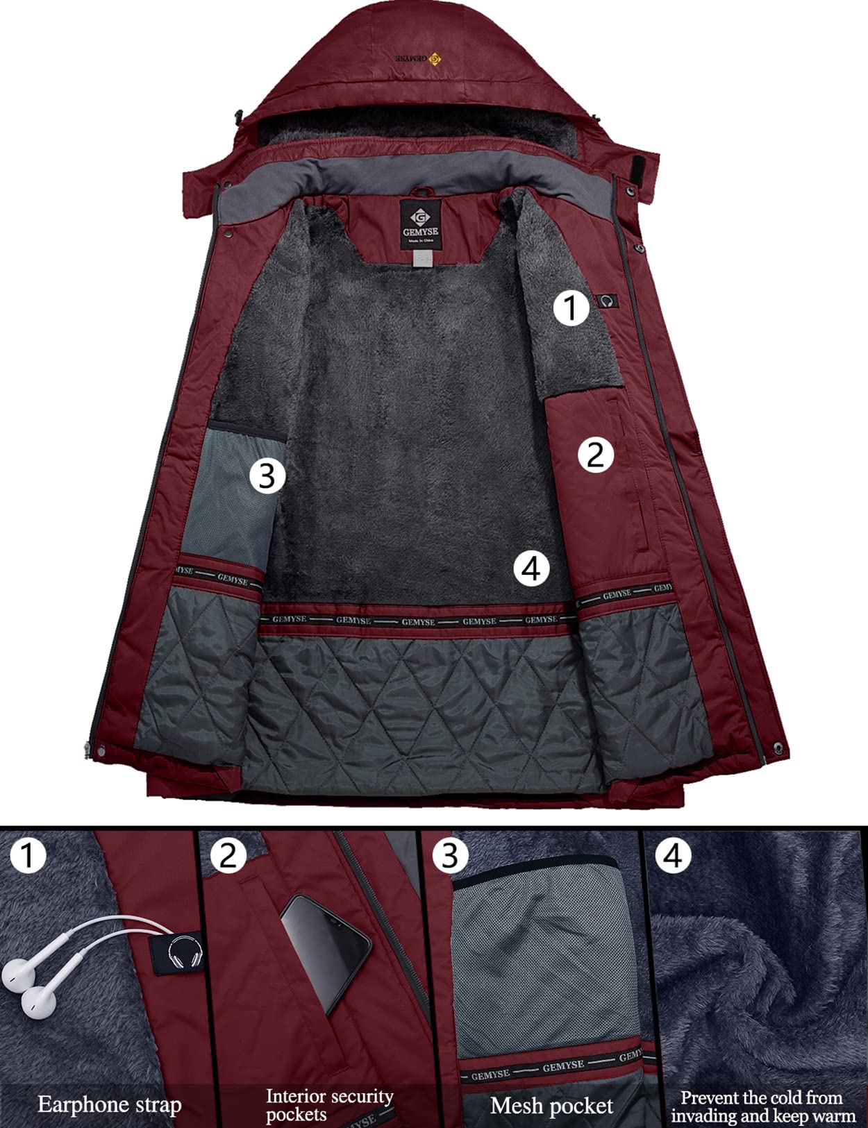 GEMYSE Women's Mountain Waterproof Ski Snow Jacket Rain Winter Jacket Coat Hooded Windproof Parka(Wine Red,Medium)