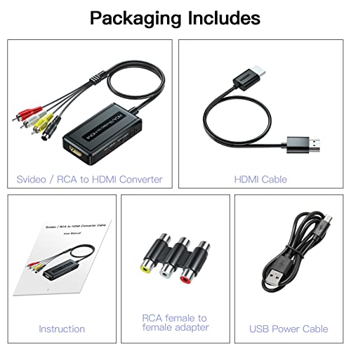 PARUIEN 2 in 1 RCA/S-Video to HDMI Converter with 720P/1080P Ouptut Switch, Svideo to HDMI Converter, Composite AV to HDMI Compatible with VHS/DVD/STB/N64/PS2/Wii