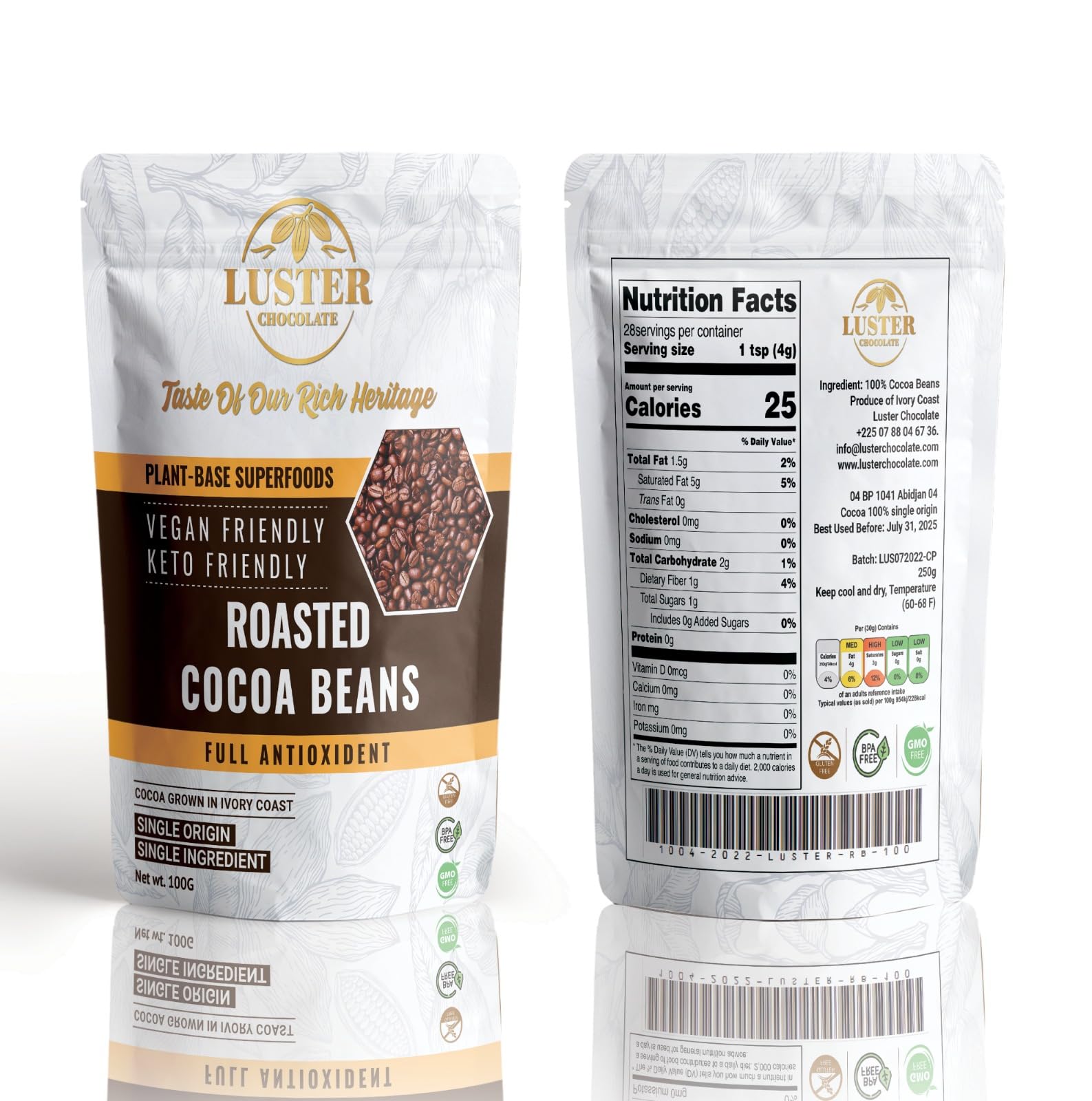 Luster Chocolate Roasted Cocoa Beans 100 g Chocolatey Flavor from Organic Cacao Beans - Non GMO & Gluten Free