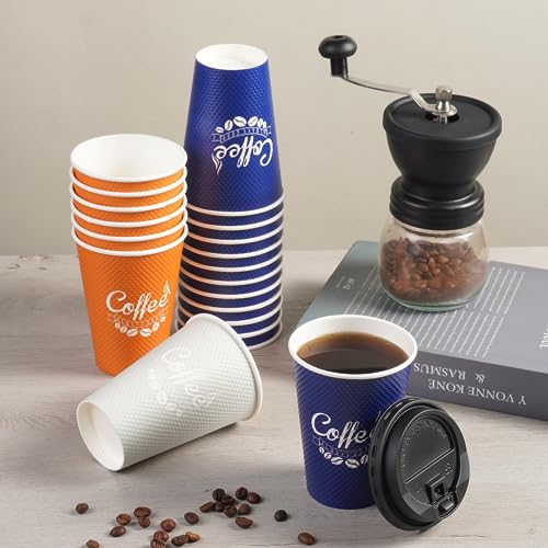 100 Pack 12 oz Disposable Coffee Cups, Insulated Ripple Double-Walled Paper Coffee Cups with Lids, Cold/Hot Drinking Cups for Coffee, Hot Chocolate or Tea, Paper Cups for Party Wedding
