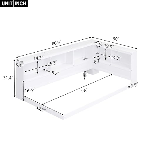 Modern Twin Size Daybed with Storage Cabinets and USB Ports, Wood Platform Bed Frame with L-Shaped Bookcases, Low Floor Bed Daybed for Kids Teens Boys Girls Bedroom (White 078)