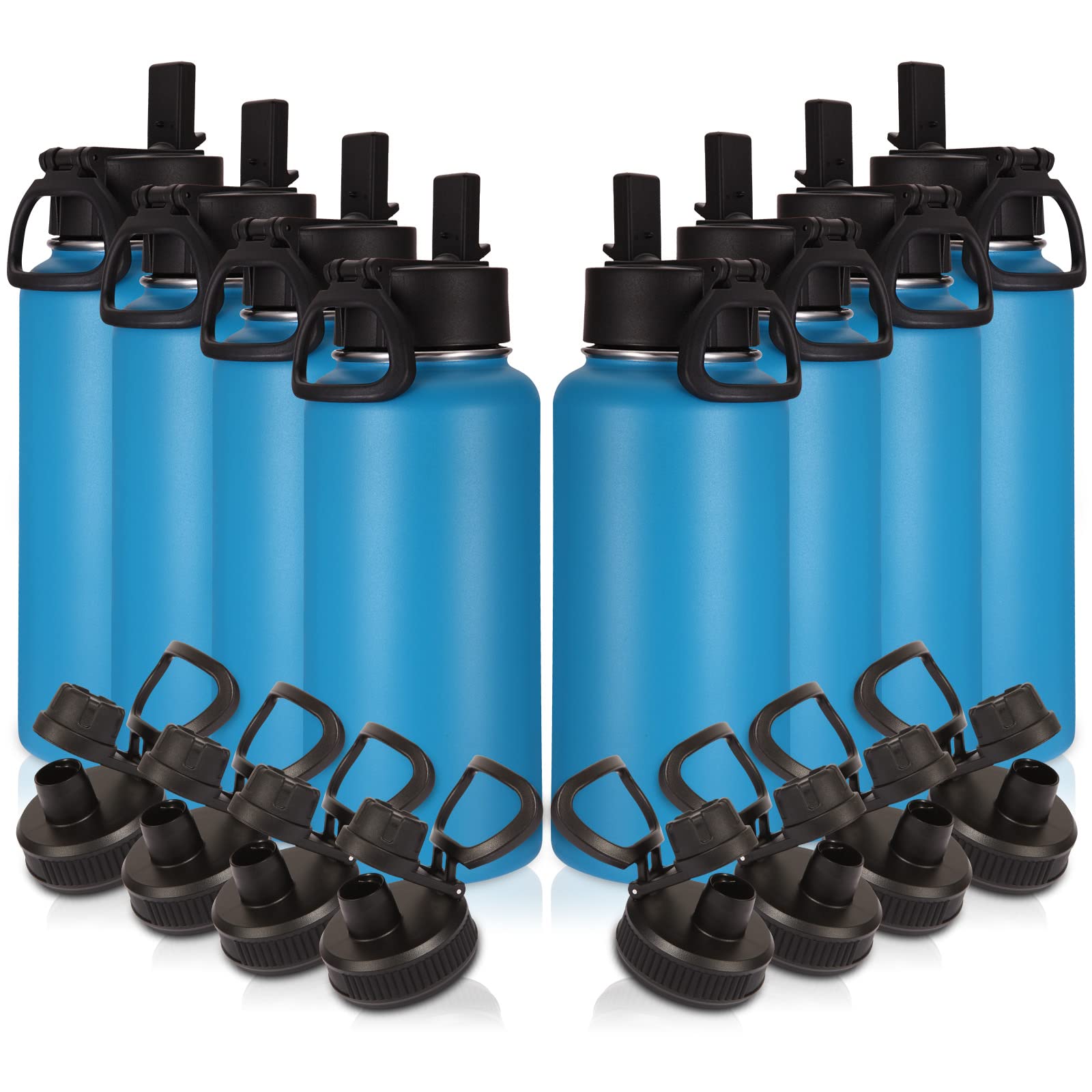 Volhoply 32oz Insulated Water Bottles Bulk 8 Pack with Straw Lid & Spout Lid,Stainless Steel Sports Water Bottle,Double Wall Vacuum Cups,Leakproof Wide Mouth Metal Flask for Hiking,Camping(Blue,8)