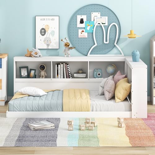 Modern Twin Size Daybed with Storage Cabinets and USB Ports, Wood Platform Bed Frame with L-Shaped Bookcases, Low Floor Bed Daybed for Kids Teens Boys Girls Bedroom (White 078)