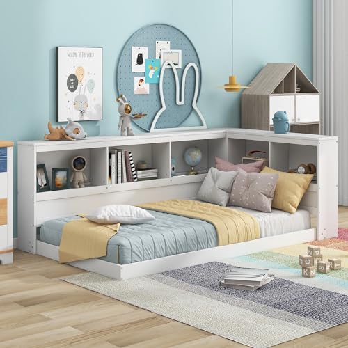 Modern Twin Size Daybed with Storage Cabinets and USB Ports, Wood Platform Bed Frame with L-Shaped Bookcases, Low Floor Bed Daybed for Kids Teens Boys Girls Bedroom (White 078)