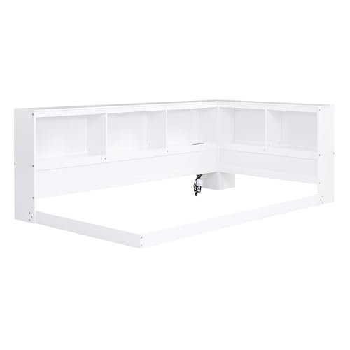 Modern Twin Size Daybed with Storage Cabinets and USB Ports, Wood Platform Bed Frame with L-Shaped Bookcases, Low Floor Bed Daybed for Kids Teens Boys Girls Bedroom (White 078)