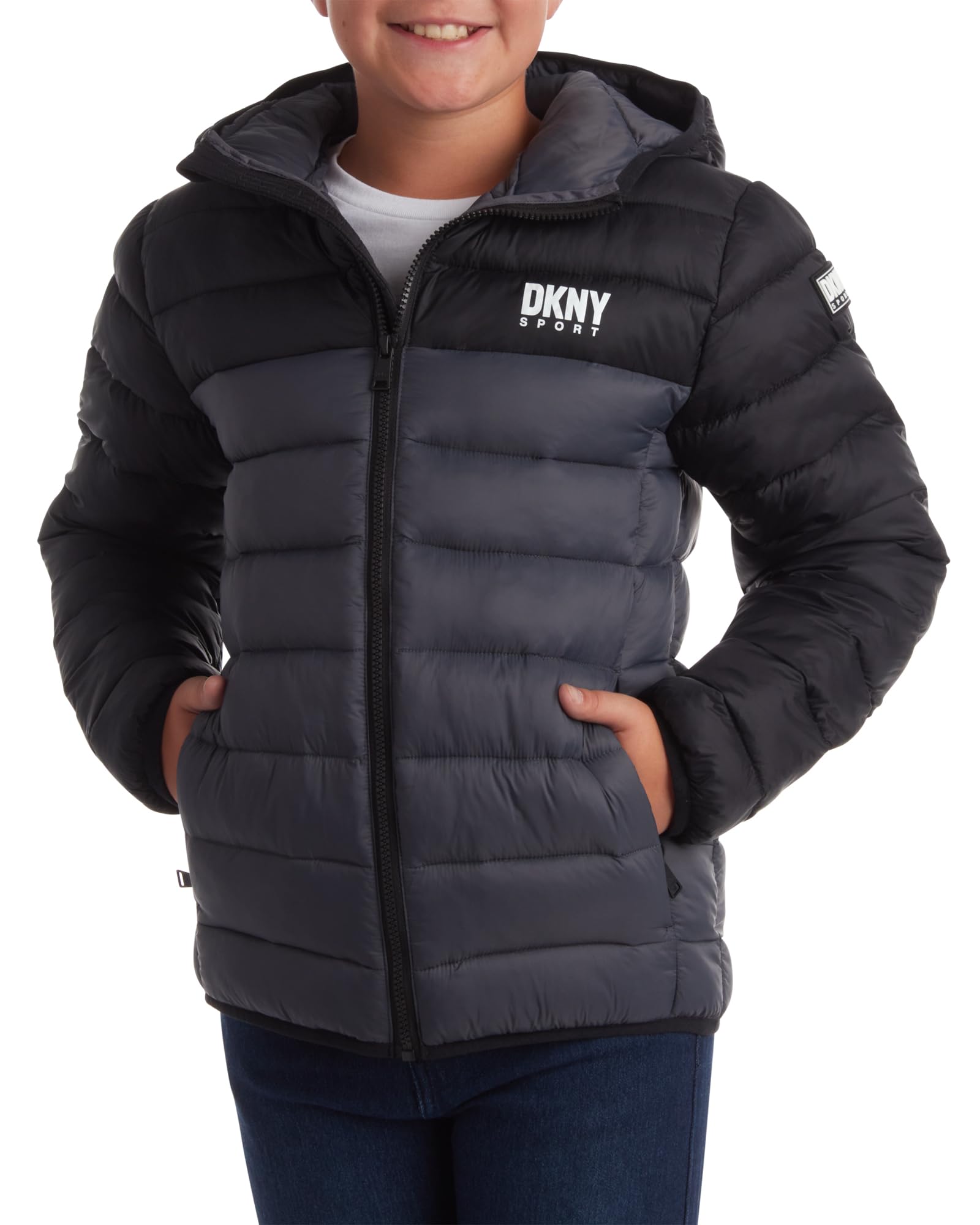 DKNY Boys Jacket – Midweight Insulated Quilted Outerwear Parka Puffer Coat – Water Resistant Boys Winter Hooded Jacket (8-20), Size 10-12, Charcoal/Black