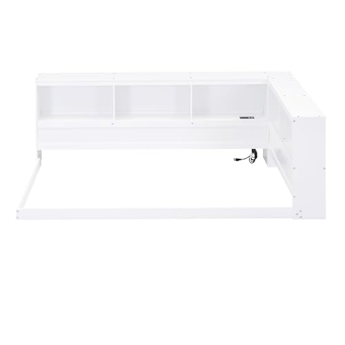 Modern Twin Size Daybed with Storage Cabinets and USB Ports, Wood Platform Bed Frame with L-Shaped Bookcases, Low Floor Bed Daybed for Kids Teens Boys Girls Bedroom (White 078)