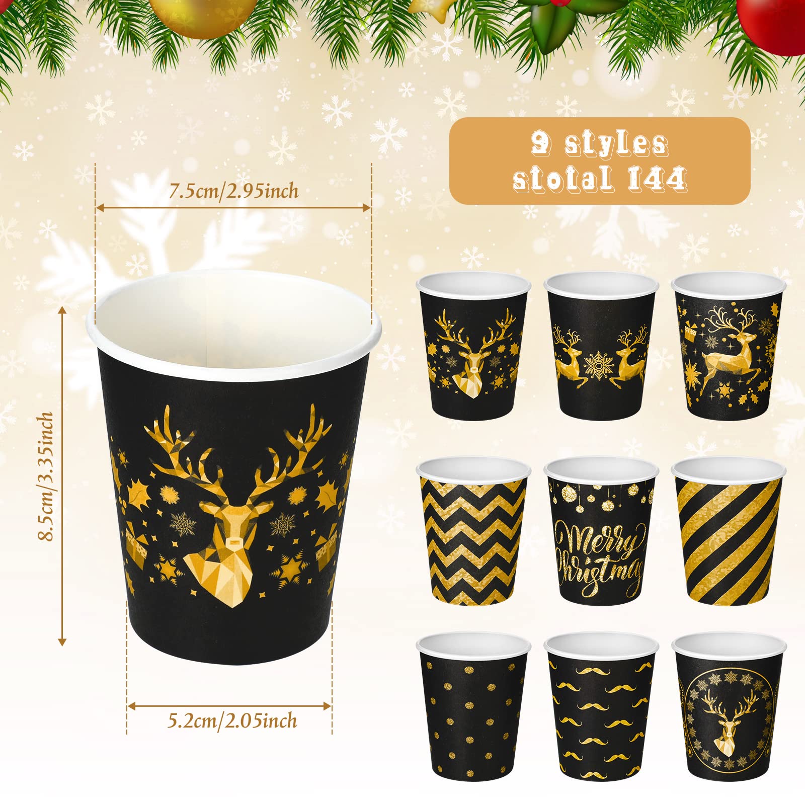 Roowest 144 Pcs Christmas Cups 9 oz Holiday Assorted Paper Cups Drinking Tea Disposable Christmas Coffee Cups for Hot and Cold Beverage Chocolate Xmas Party Supplies Daily Use, 9 Styles (Black Gold)