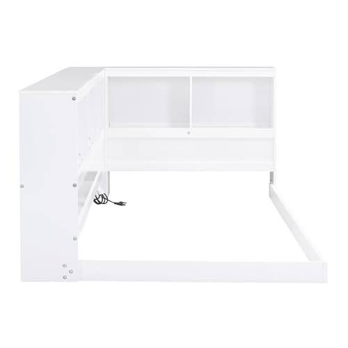 Modern Twin Size Daybed with Storage Cabinets and USB Ports, Wood Platform Bed Frame with L-Shaped Bookcases, Low Floor Bed Daybed for Kids Teens Boys Girls Bedroom (White 078)