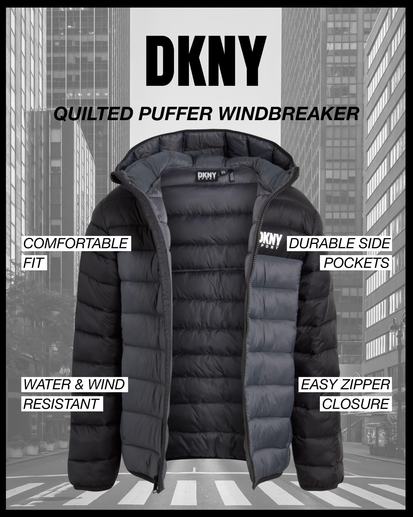 DKNY Boys Jacket – Midweight Insulated Quilted Outerwear Parka Puffer Coat – Water Resistant Boys Winter Hooded Jacket (8-20), Size 10-12, Charcoal/Black