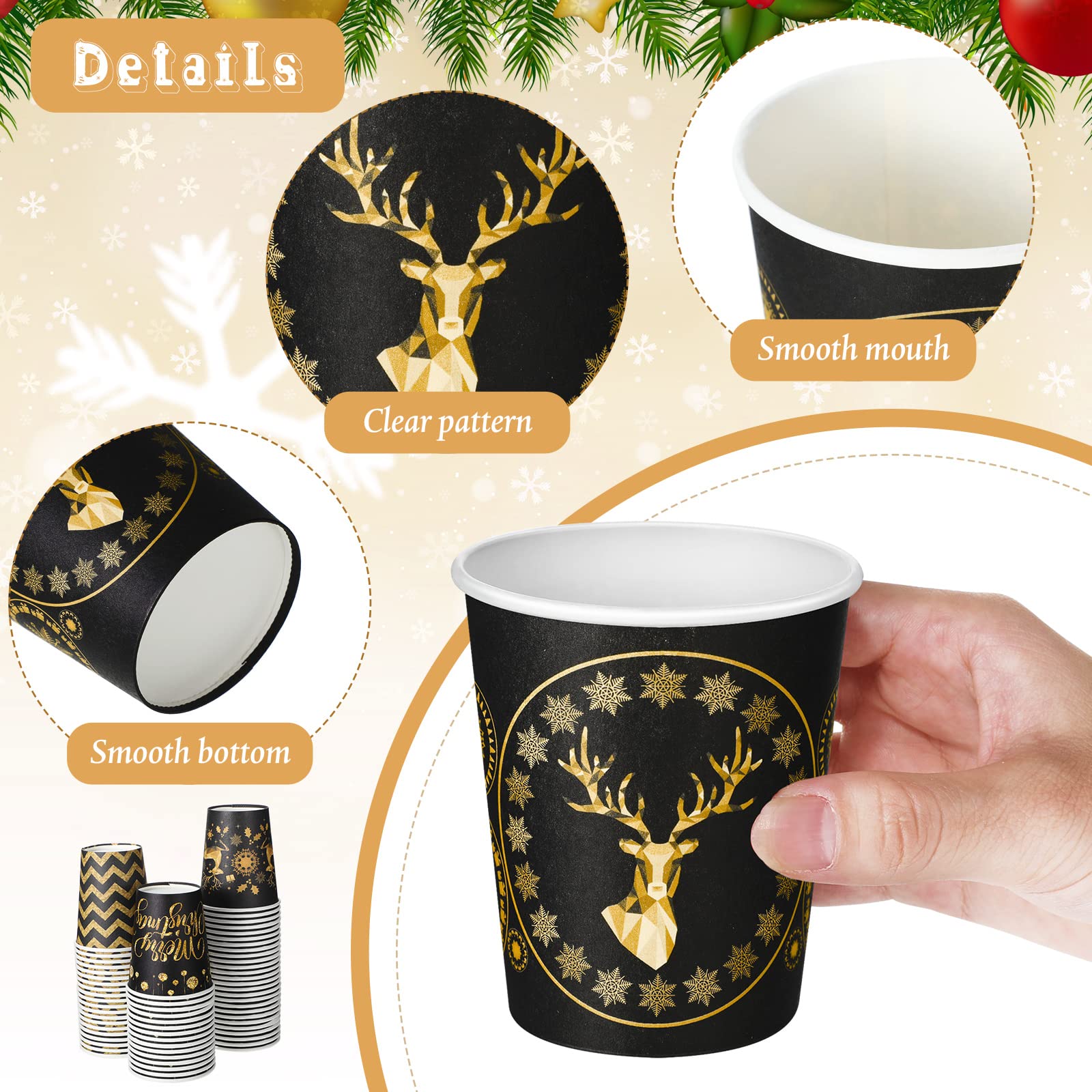 Roowest 144 Pcs Christmas Cups 9 oz Holiday Assorted Paper Cups Drinking Tea Disposable Christmas Coffee Cups for Hot and Cold Beverage Chocolate Xmas Party Supplies Daily Use, 9 Styles (Black Gold)