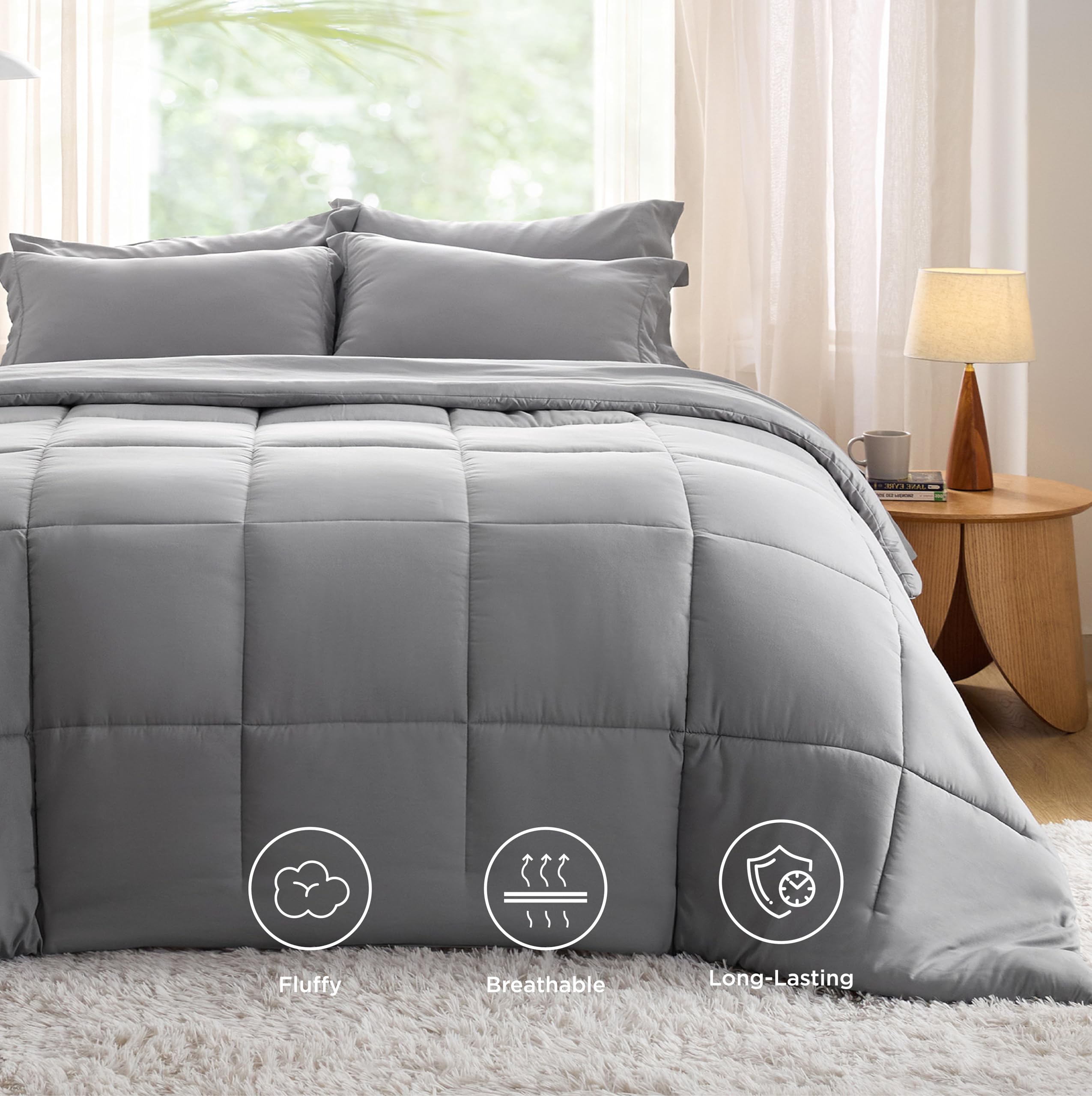 Bedsure Grey Comforter Set Queen - 7 Pieces Solid Bed in a Bag, Queen Bed Set with Comforter, Sheets, Pillowcases & Shams