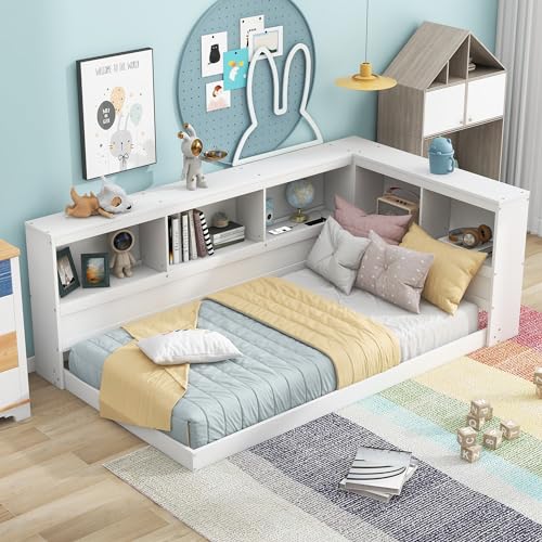 Modern Twin Size Daybed with Storage Cabinets and USB Ports, Wood Platform Bed Frame with L-Shaped Bookcases, Low Floor Bed Daybed for Kids Teens Boys Girls Bedroom (White 078)