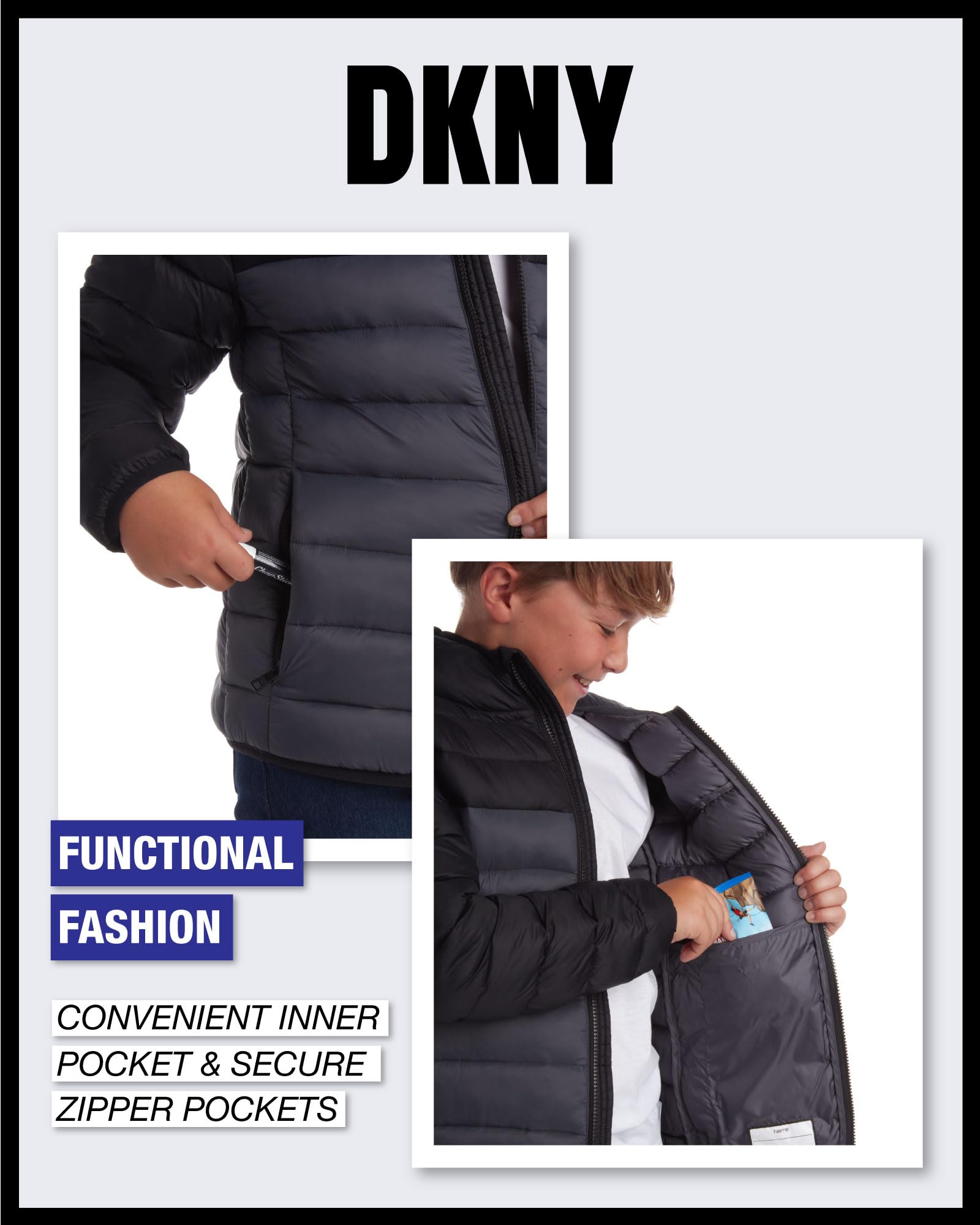 DKNY Boys Jacket – Midweight Insulated Quilted Outerwear Parka Puffer Coat – Water Resistant Boys Winter Hooded Jacket (8-20), Size 10-12, Charcoal/Black