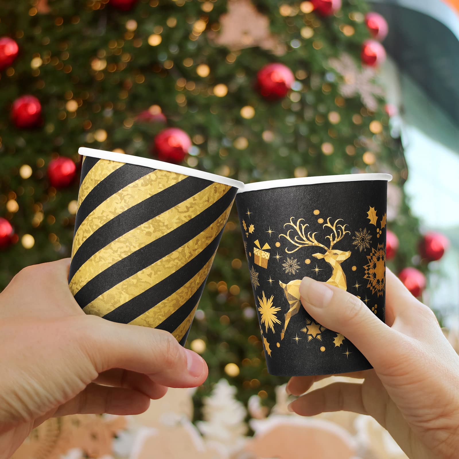 Roowest 144 Pcs Christmas Cups 9 oz Holiday Assorted Paper Cups Drinking Tea Disposable Christmas Coffee Cups for Hot and Cold Beverage Chocolate Xmas Party Supplies Daily Use, 9 Styles (Black Gold)