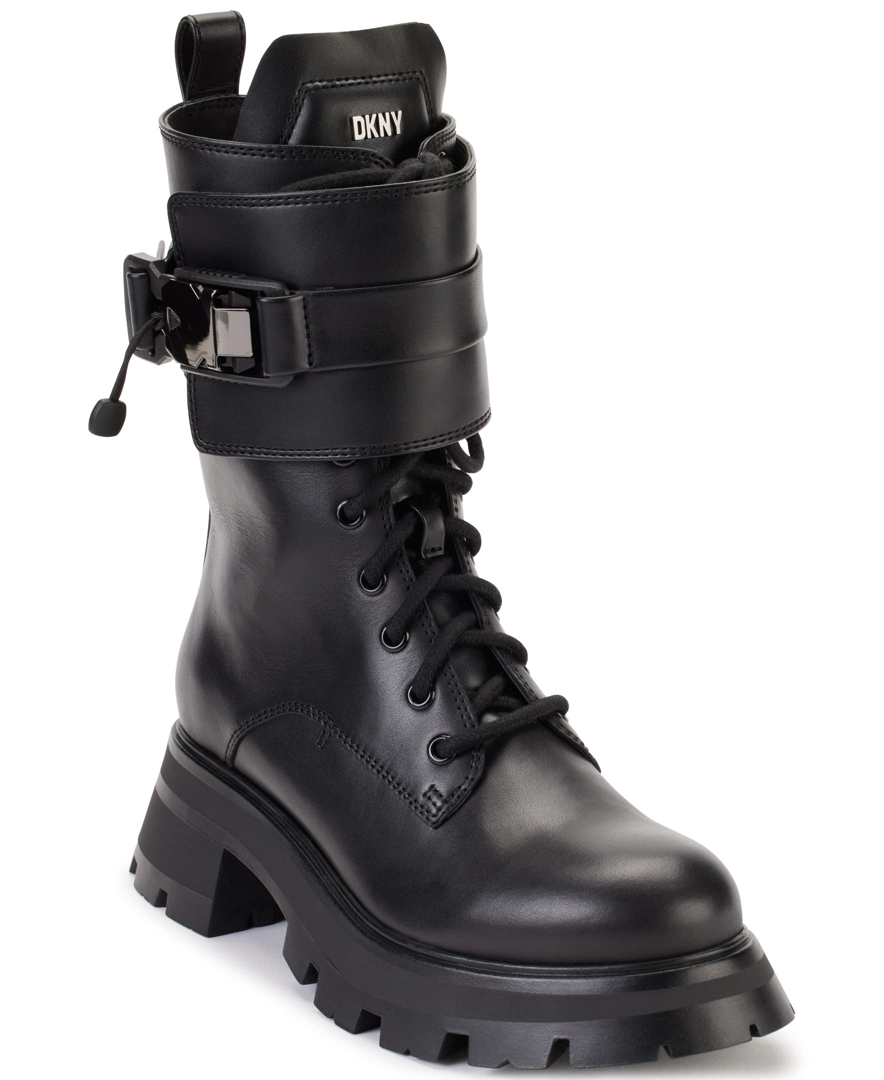 DKNY Women's Sava Lace Up Buckled Combat Boot Fashion, Black, 6