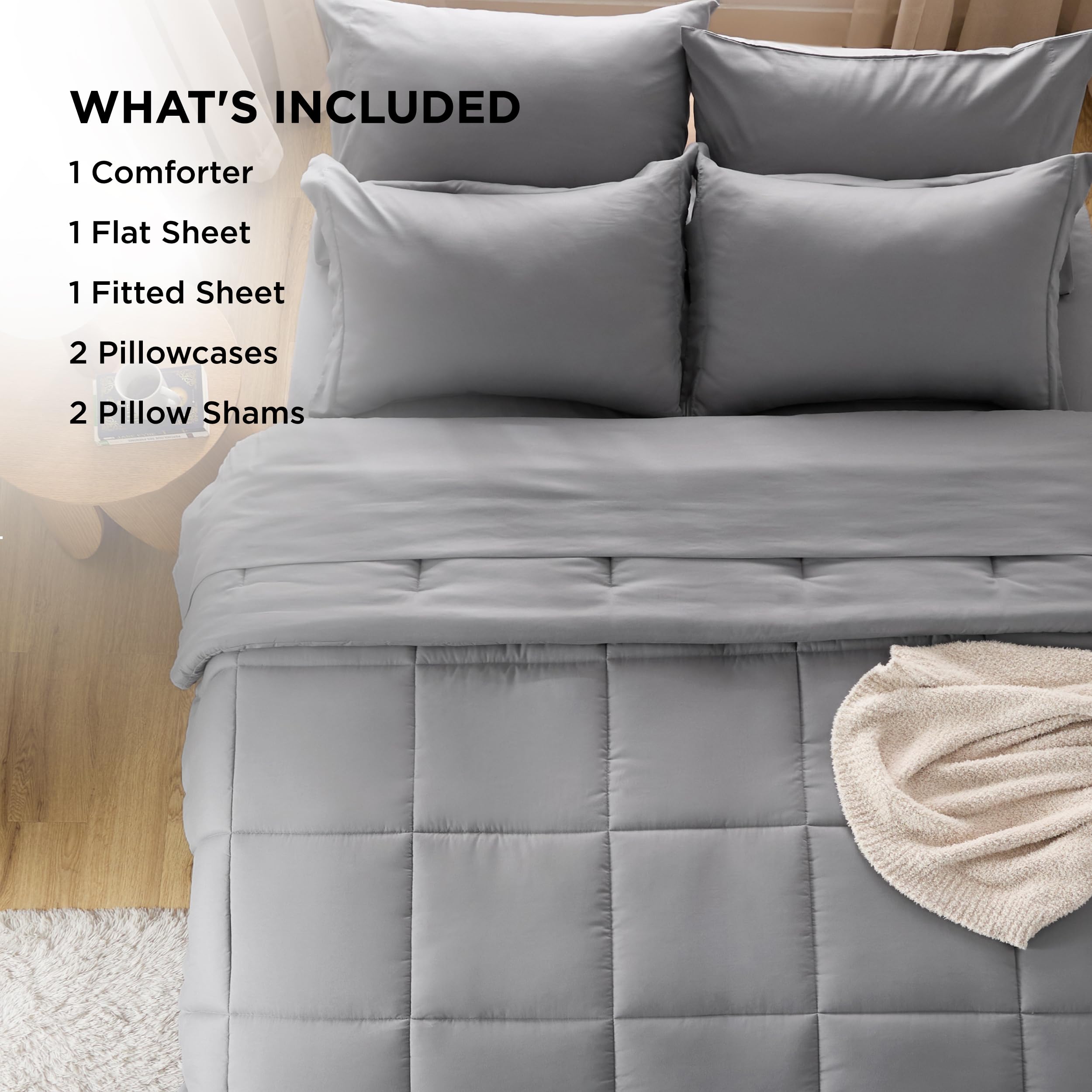 Bedsure Grey Comforter Set Queen - 7 Pieces Solid Bed in a Bag, Queen Bed Set with Comforter, Sheets, Pillowcases & Shams