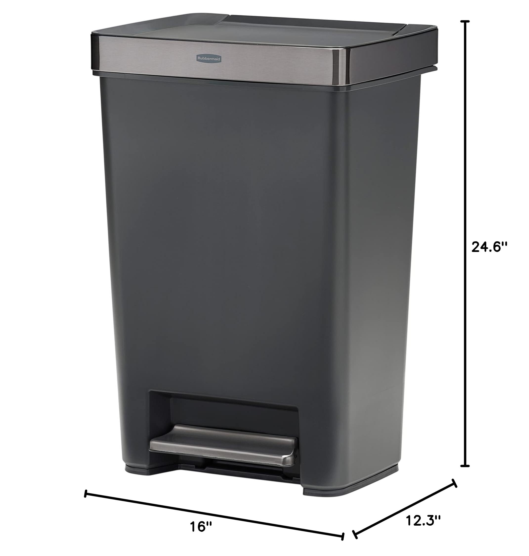 Rubbermaid Premier Series III Step-On Trash Can for Home and Kitchen, with Stainless Steel Rim, 12.4 Gallon, Charcoal
