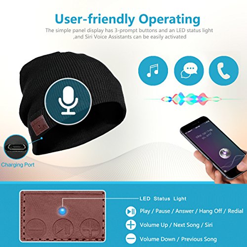Bluetooth Beanie Hat Headphones Headset, Wireless Connection Siri Voice Control Built-in HD Stereo Speakers & Microphone, Musical Knit Cap for Running, Sports, Women Men (Black)