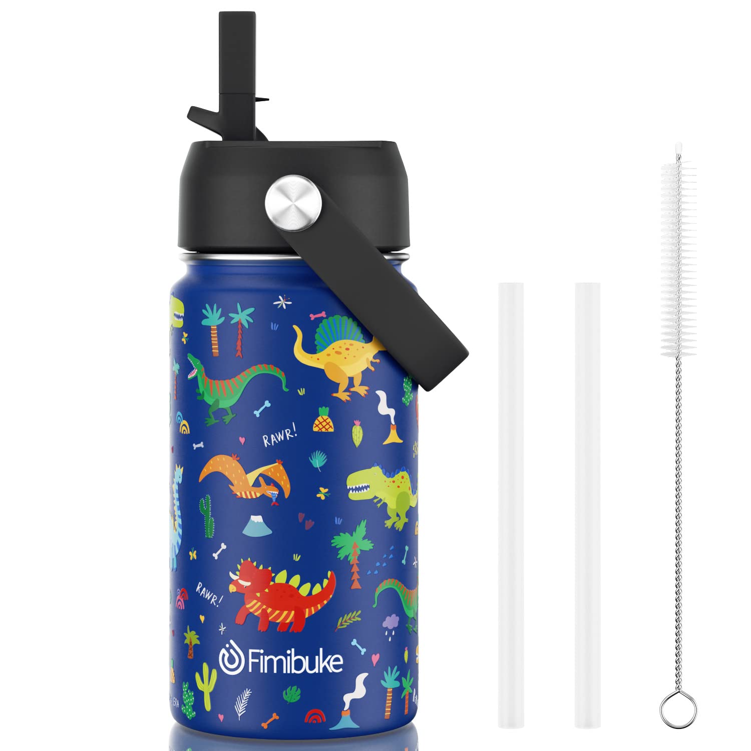 Fimibuke Kids Insulated Water Bottle, 14oz BPA FREE 18/8 Stainless Steel Travel Tumbler Double Wall Vacuum Leak Proof Kids Cup with Straw Metal Bottle for School Boys Girls(1 Pack, BLUE DINOSAUR)