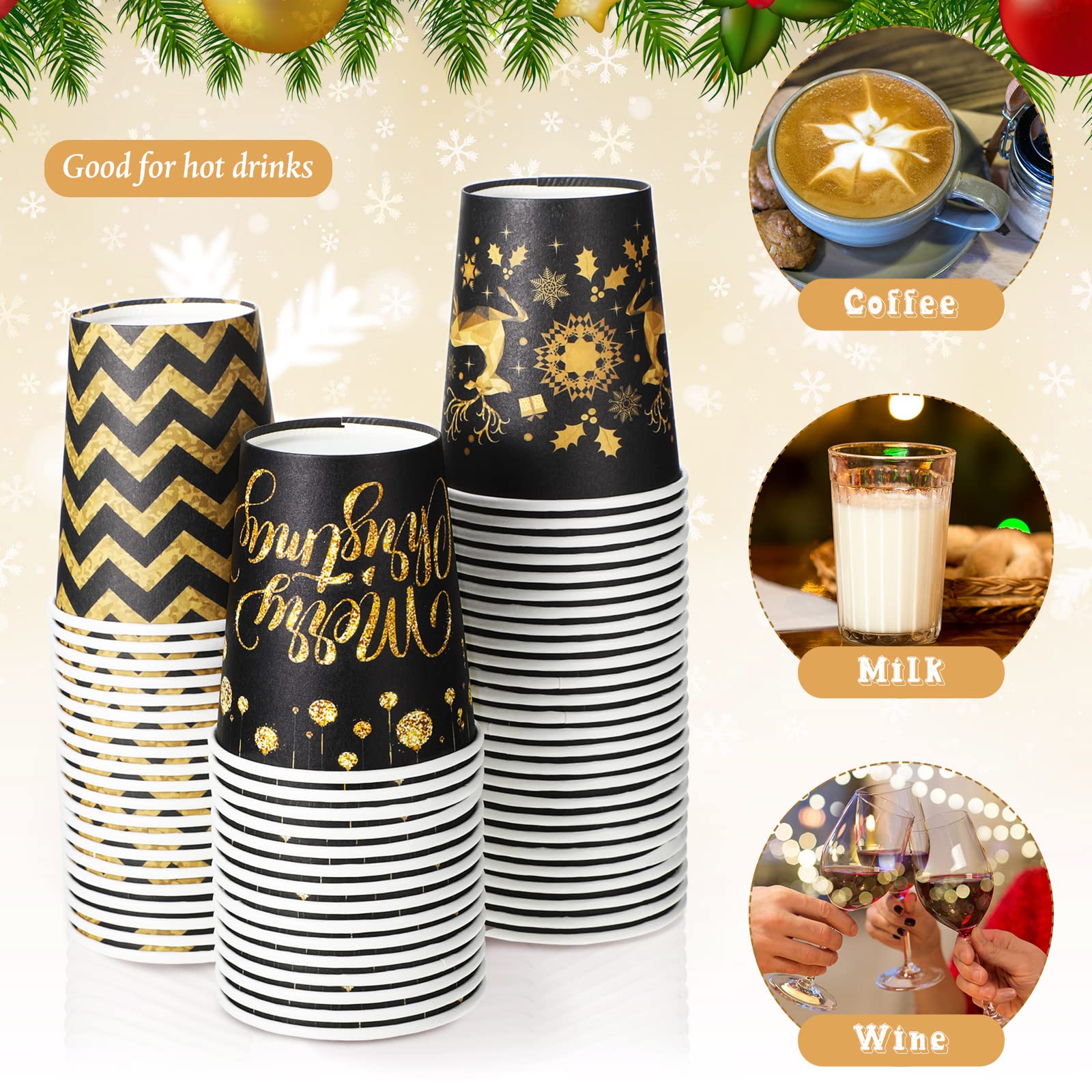 Roowest 144 Pcs Christmas Cups 9 oz Holiday Assorted Paper Cups Drinking Tea Disposable Christmas Coffee Cups for Hot and Cold Beverage Chocolate Xmas Party Supplies Daily Use, 9 Styles (Black Gold)