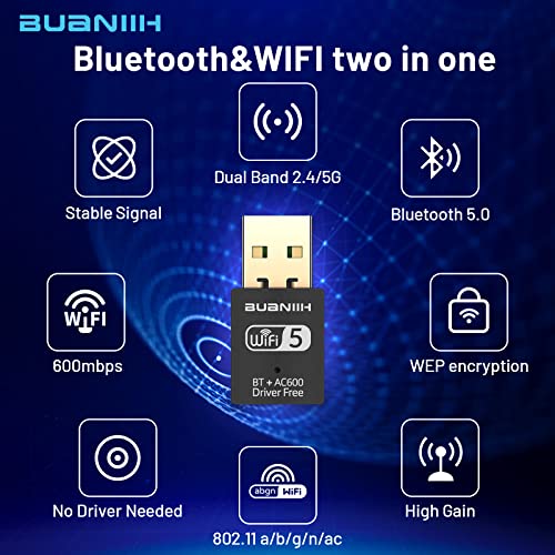 USB WiFi Bluetooth Adapter 2-in-1,Bluetooth Wireless External Receiver,600Mbps 2.4/5.8Ghz Dual Band Wireless Network,Plug and Play, for PC/Laptop/Desktop,Support Win7/8/8.1/10/Win 11