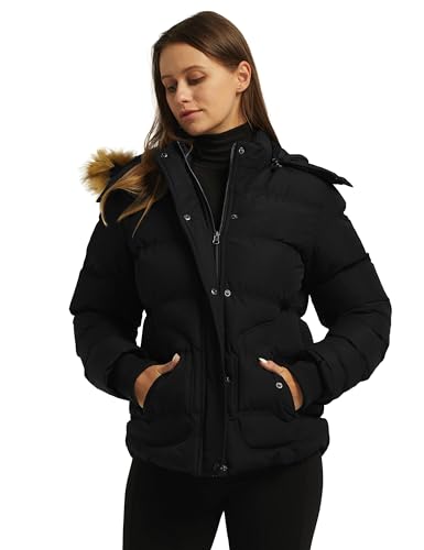 wantdo Women Waterproof Winter Jacket Fur Hood Thicken Parka Jacket (Black, Small)