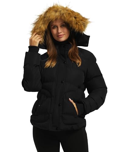 wantdo Women Waterproof Winter Jacket Fur Hood Thicken Parka Jacket (Black, Small)