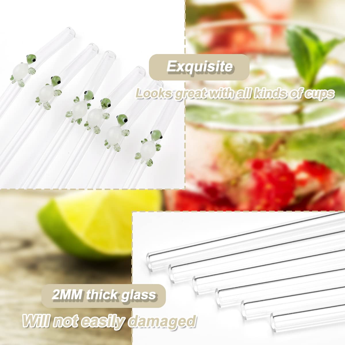 Wirhlly 6PCS Reusable Glass Straw Design Glass Straw,Colorful Straws Cocktails Bar Accessories Cleaning Brush Bent Drinking Straws for Hot and Cold Drinks (Tortoise)