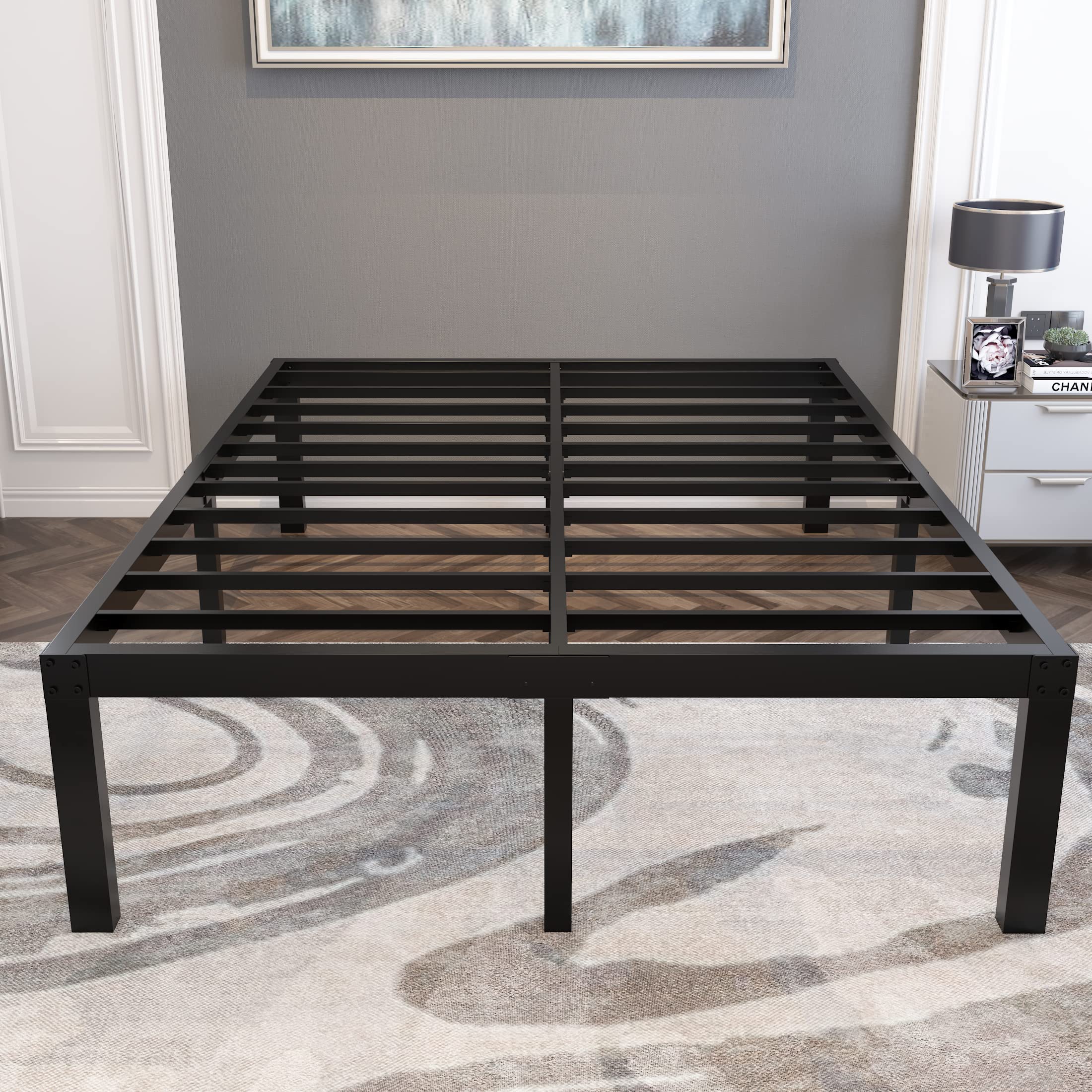 yookare 18 Inch Tall and Strong Platform Metal Bed Frame/Easy Assembly Mattress Foundation/ 4000lbs Heavy Duty Frame with Steel Slat Support/No Noise/No Box Spring Needed, Queen
