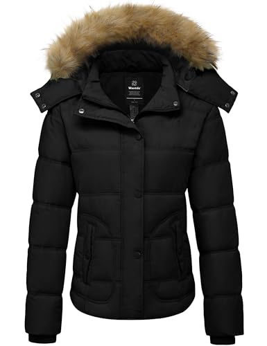 wantdo Women Waterproof Winter Jacket Fur Hood Thicken Parka Jacket (Black, Small)